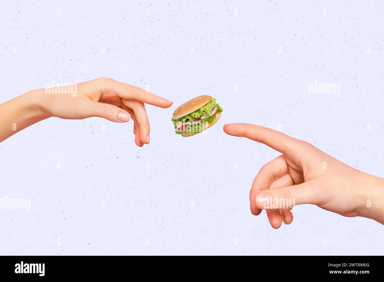Composite photo collage of hand stretch finger show want burger junk ...