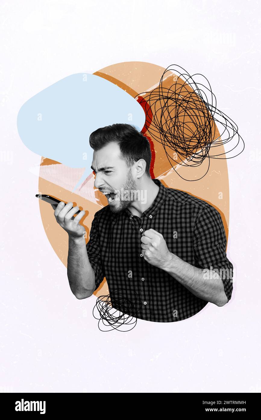 Vertical image collage young man speak phone aggressive yell conflict ...
