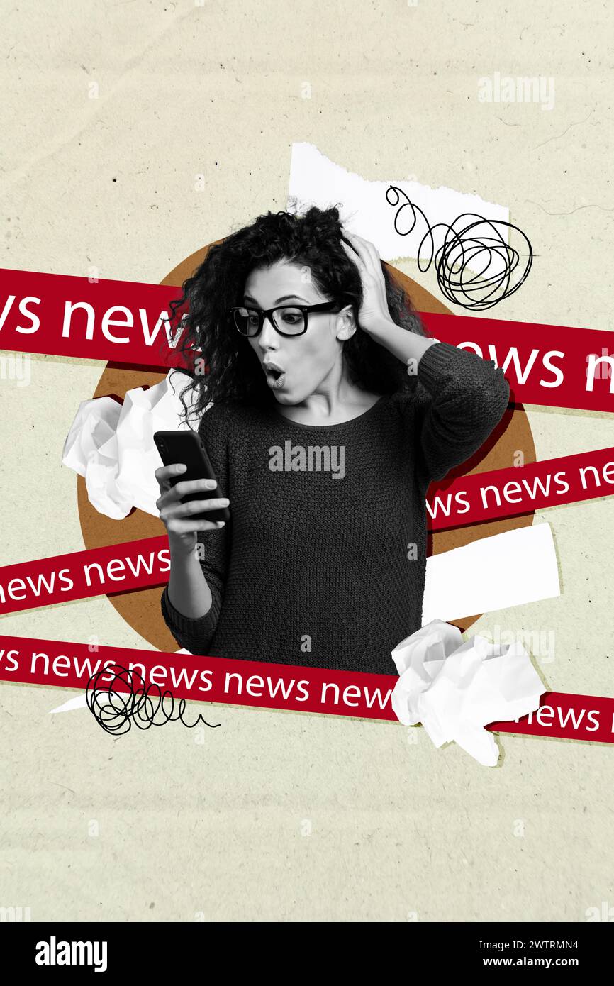 Vertical creative collage poster young shocked woman read smartphone ...