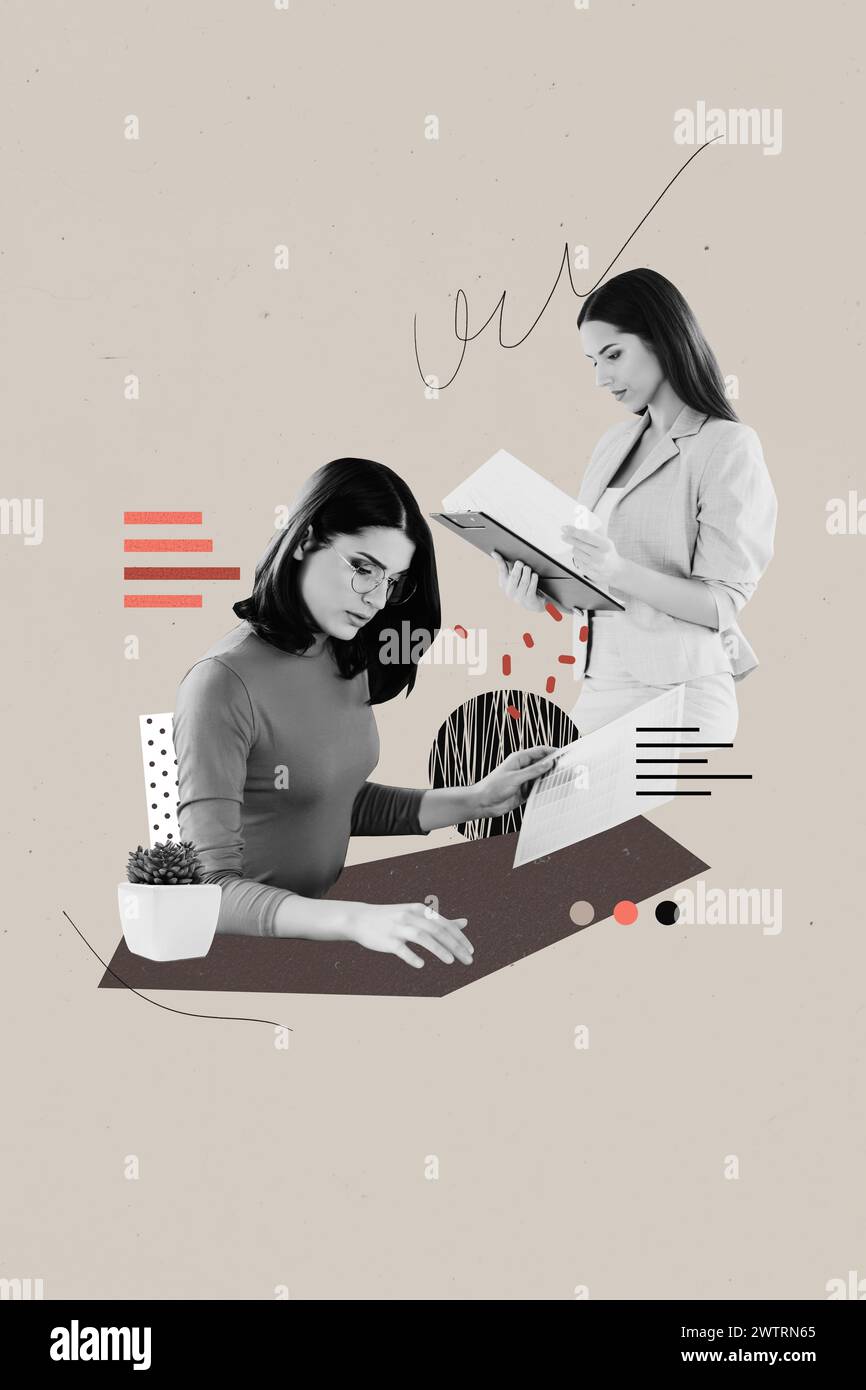 Vertical collage poster young woman colleagues employees check paper ...