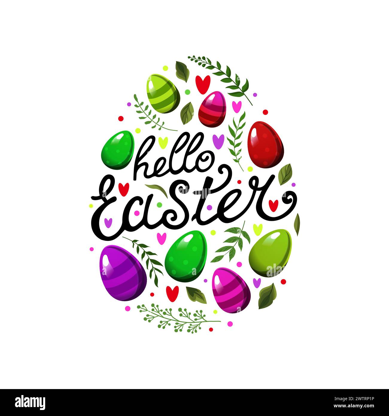 Vector egg with text Hello Easter and with colorful eggs, green leaves ...