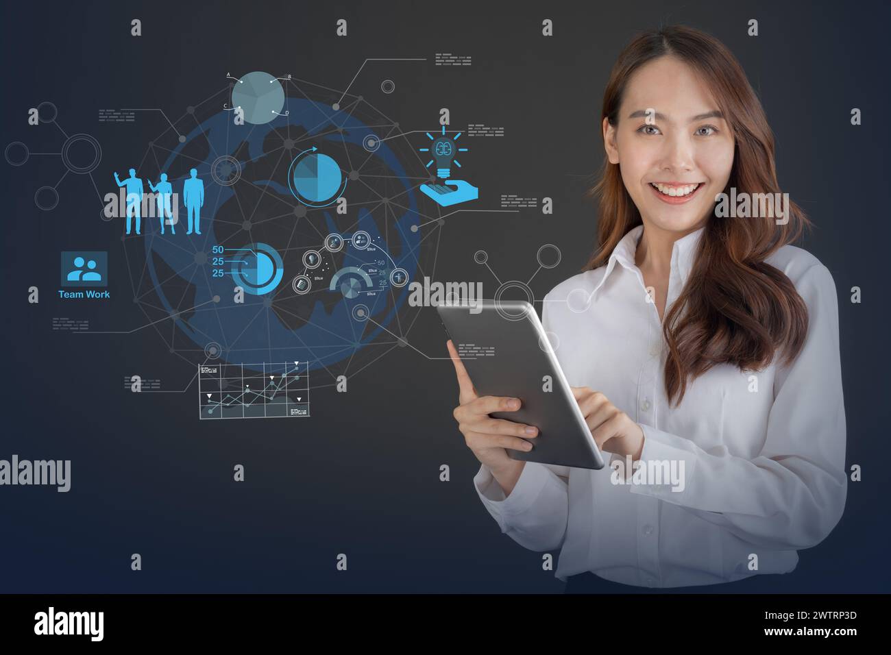 Business woman wearing white shirt, Female Analyst on a Laptop Showing ...