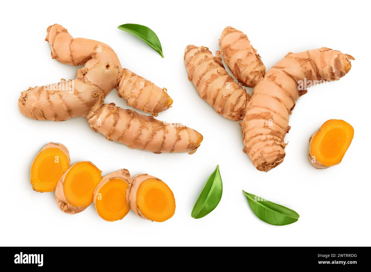 fresh turmeric root and slices isolated on white background. Top view ...