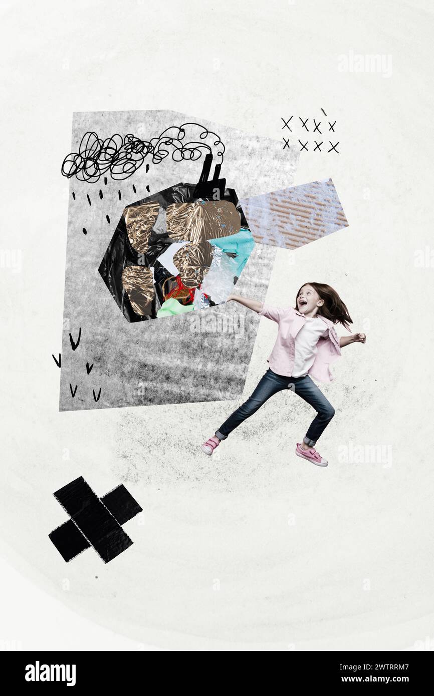 Vertical collage picture of excited little girl look big trash stack ...