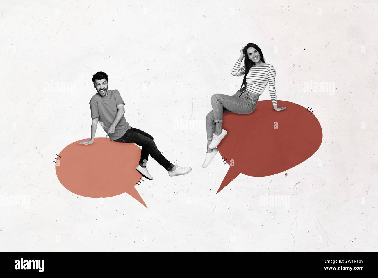 Creative collage young man woman sitting textbox bubbles empty space ...