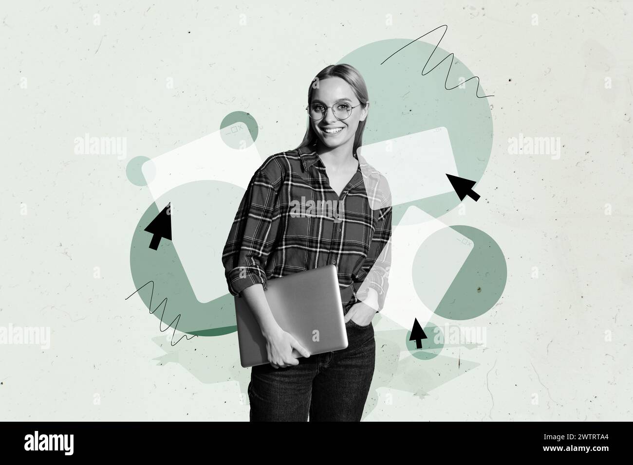 Creative photo image standing young cheerful happy girl manager project ...