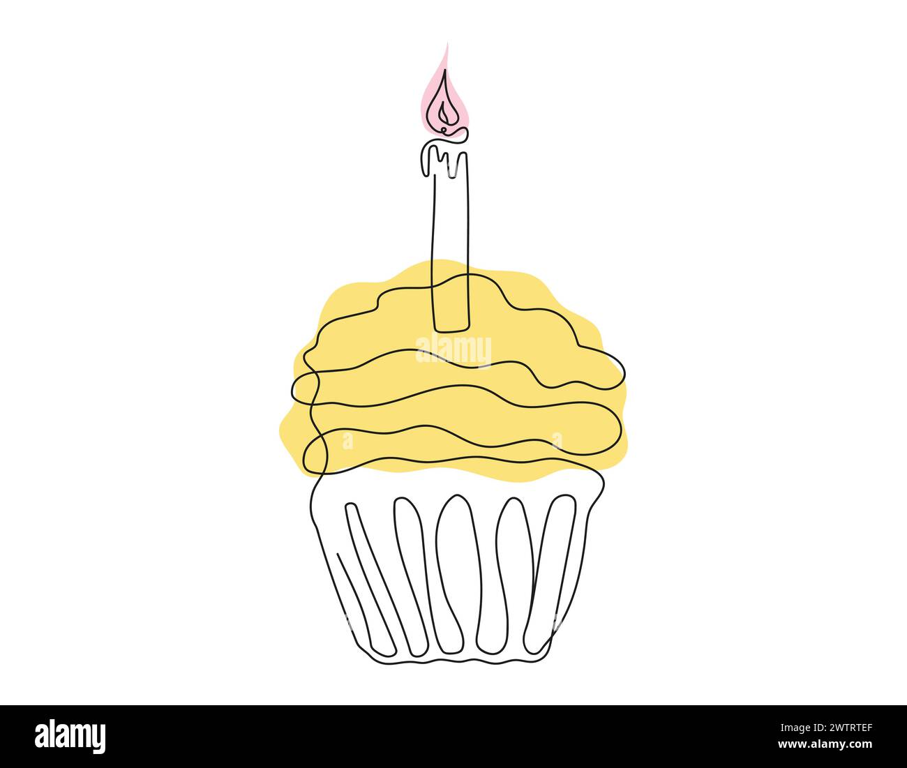 Continuous one line drawing of birthday cupcake with a single lit candle. Minimalist festive ...