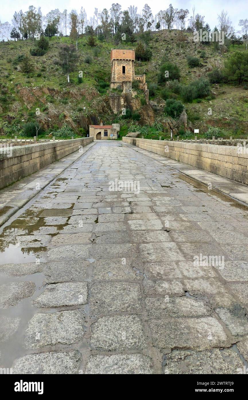 Roadway on the Trajan's Bridge at Alcantara, Guard Tower on the right ...