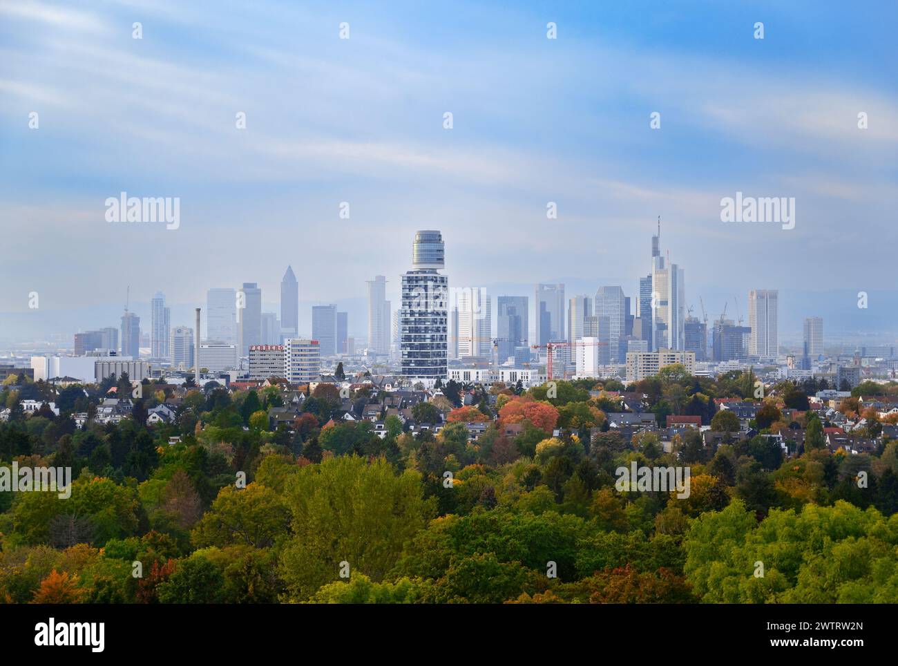 Aerial view to the Frankfurt city center with big towers and ...