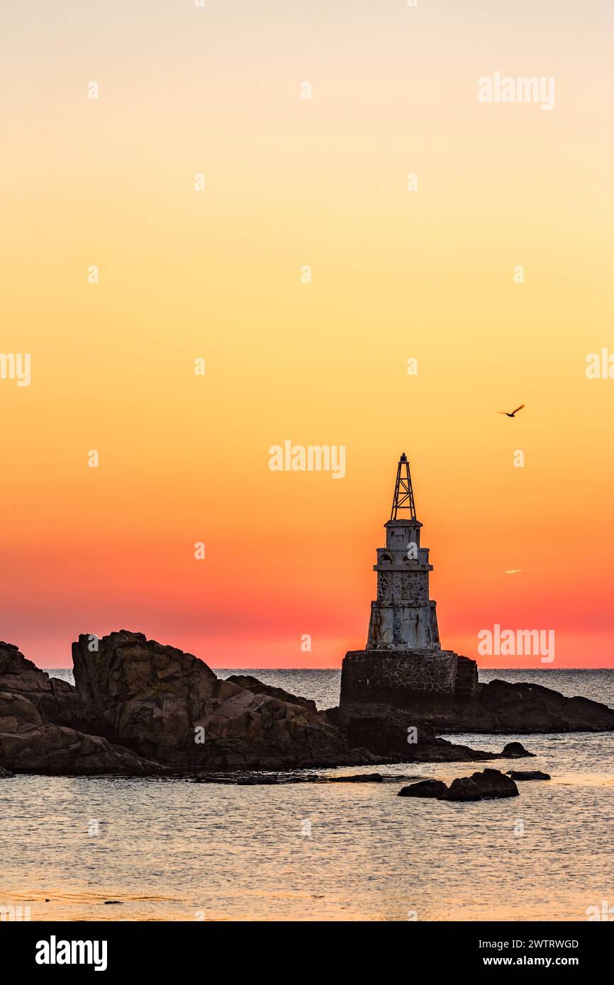 Sunrise silhouette, lighthouse of Ahtopol, Black Sea, Bulgaria. Moody ...