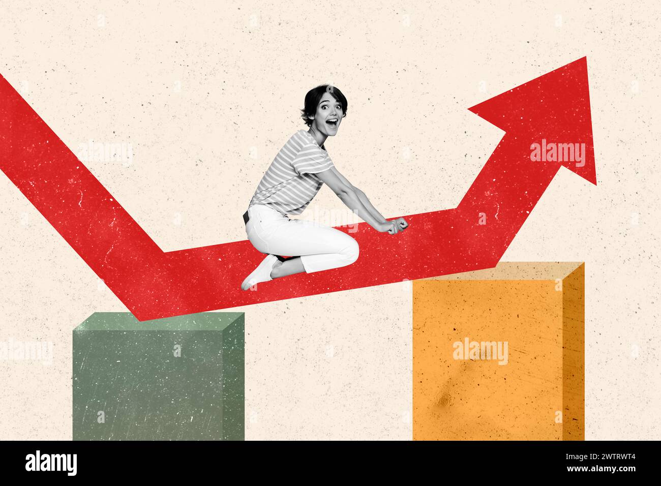 Creative photo collage young girl dynamic charts progress arrow rise up ...