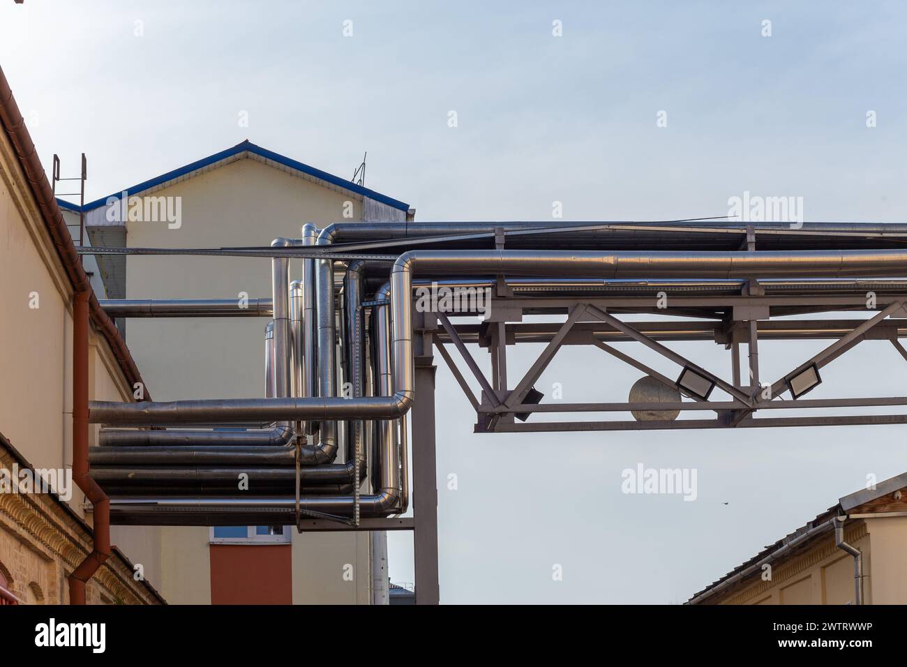 Stainless steel pipes in the factory. Construction on food or drink ...