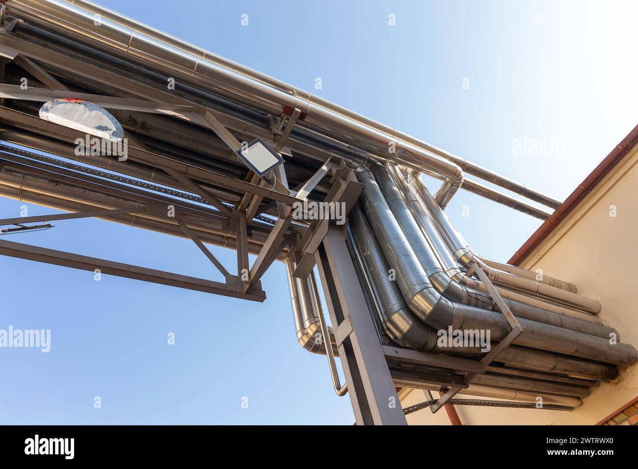Stainless steel pipes in the factory. Construction on food or drink ...