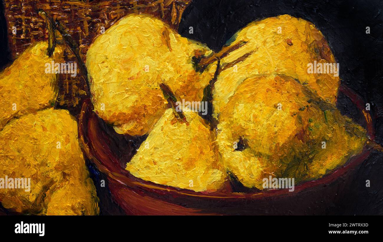 still life with pears in a clay plate on a black background, original ...