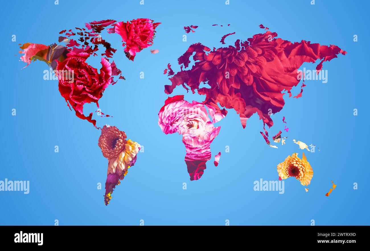 World map made of beautiful flowers on light blue background, banner ...