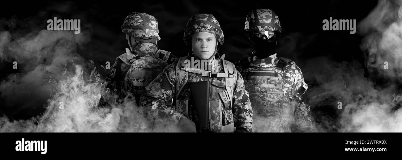 Armed soldiers in smoke on black background, black and white. Banner ...