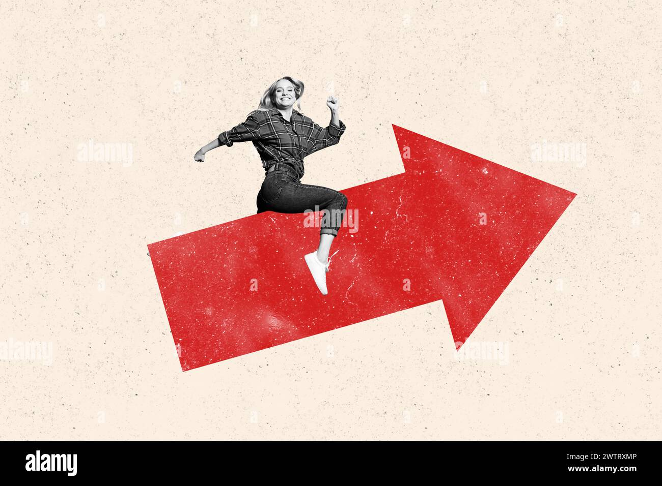 Creative image collage young happy excited woman riding progress arrow ...