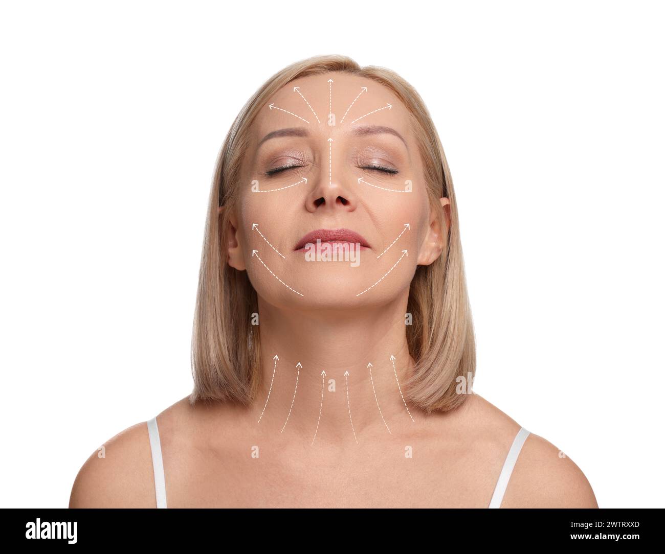 Woman with perfect skin after cosmetic treatment on white background ...