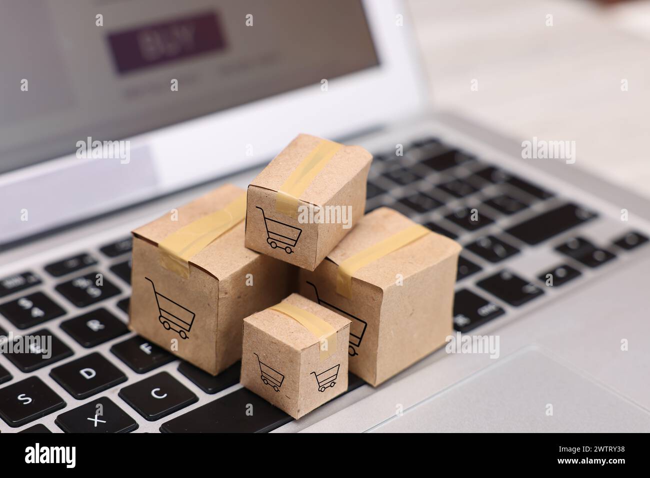 Internet store. Small cardboard boxes with shopping carts on laptop ...