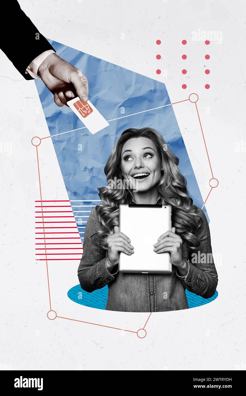 Photo collage of young secretary woman holding tablet looking at ...