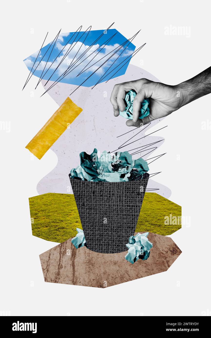 Composite collage image of hand throw away trash bin papers litter ...