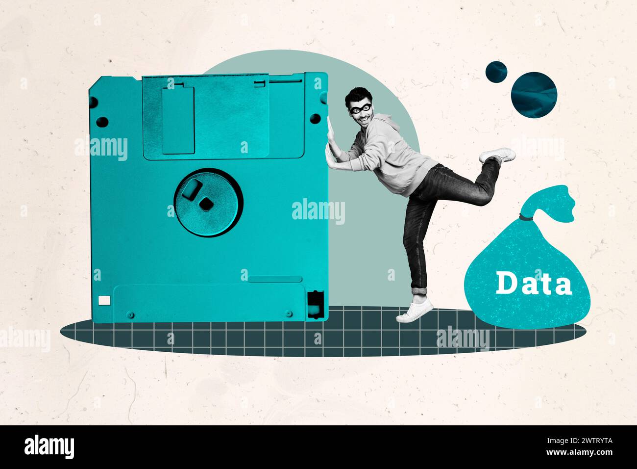 Creative photo collage young man robber floppy disk drive information ...