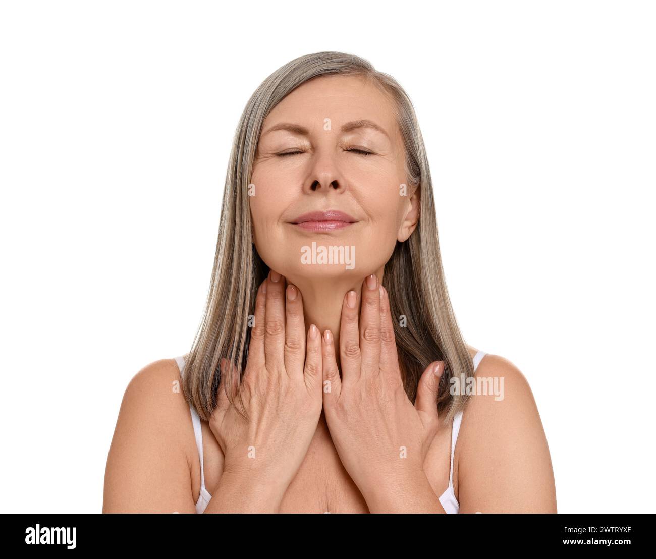 Beautiful woman touching her neck on white background Stock Photo - Alamy