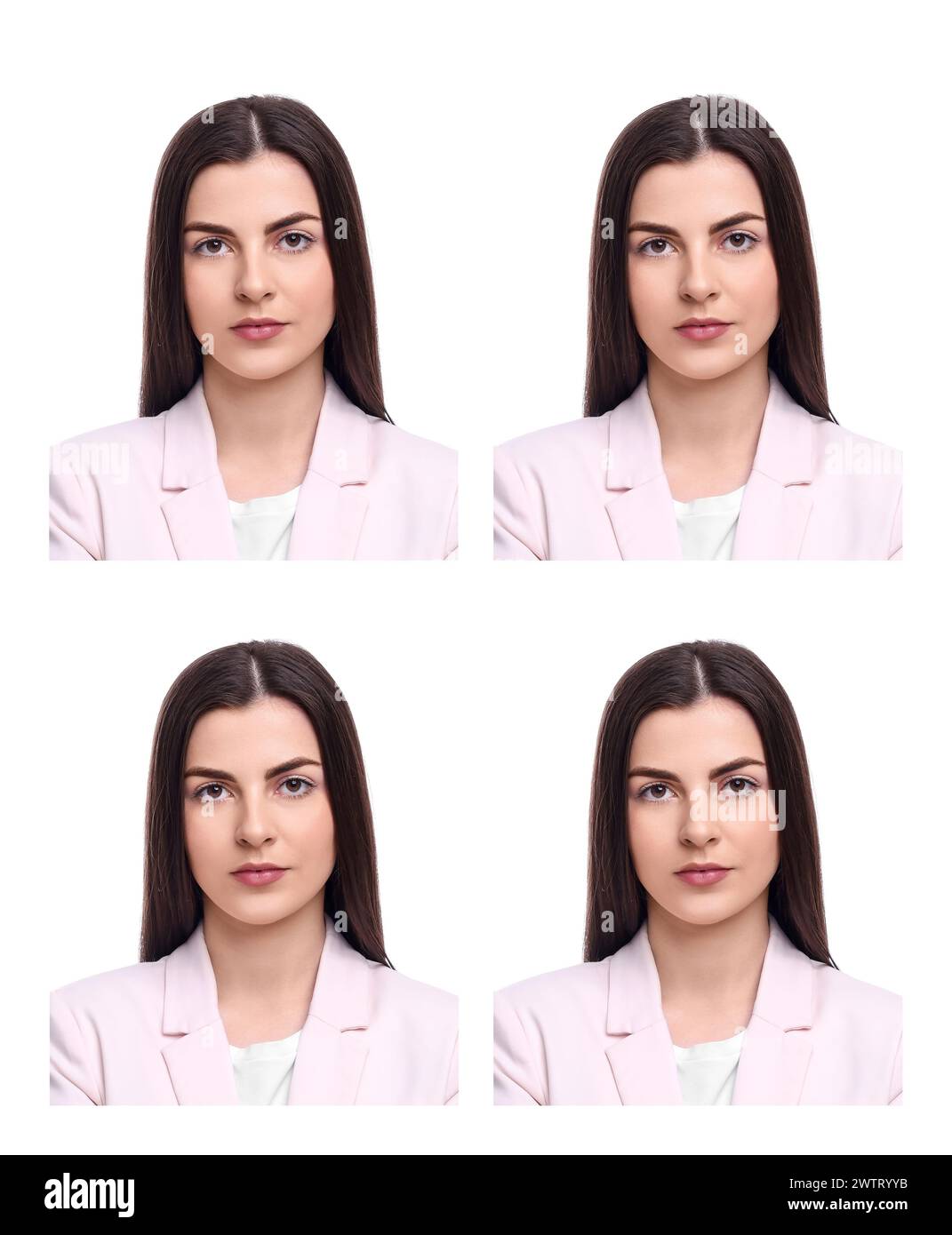 Passport photo, collage. Woman on white background, set of photos Stock ...