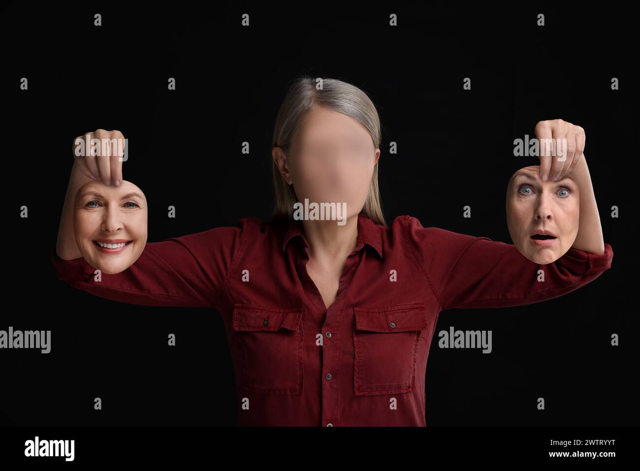 Faceless woman holding her face masks showing different emotions on ...