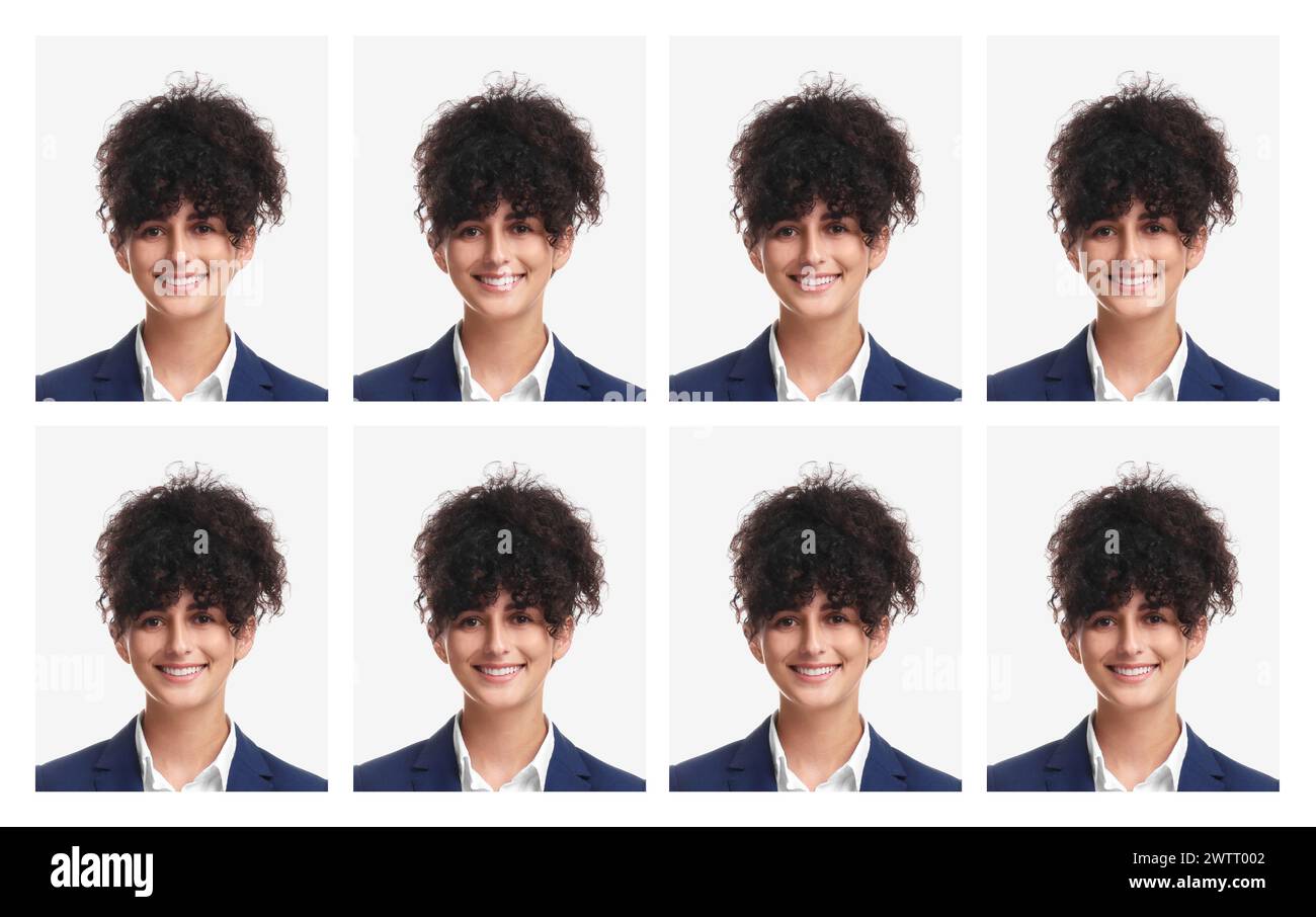 Passport photo, collage. Woman on white background, set of photos Stock ...