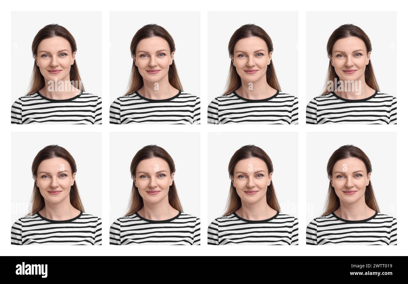 Passport photo, collage. Woman on white background, set of photos Stock ...