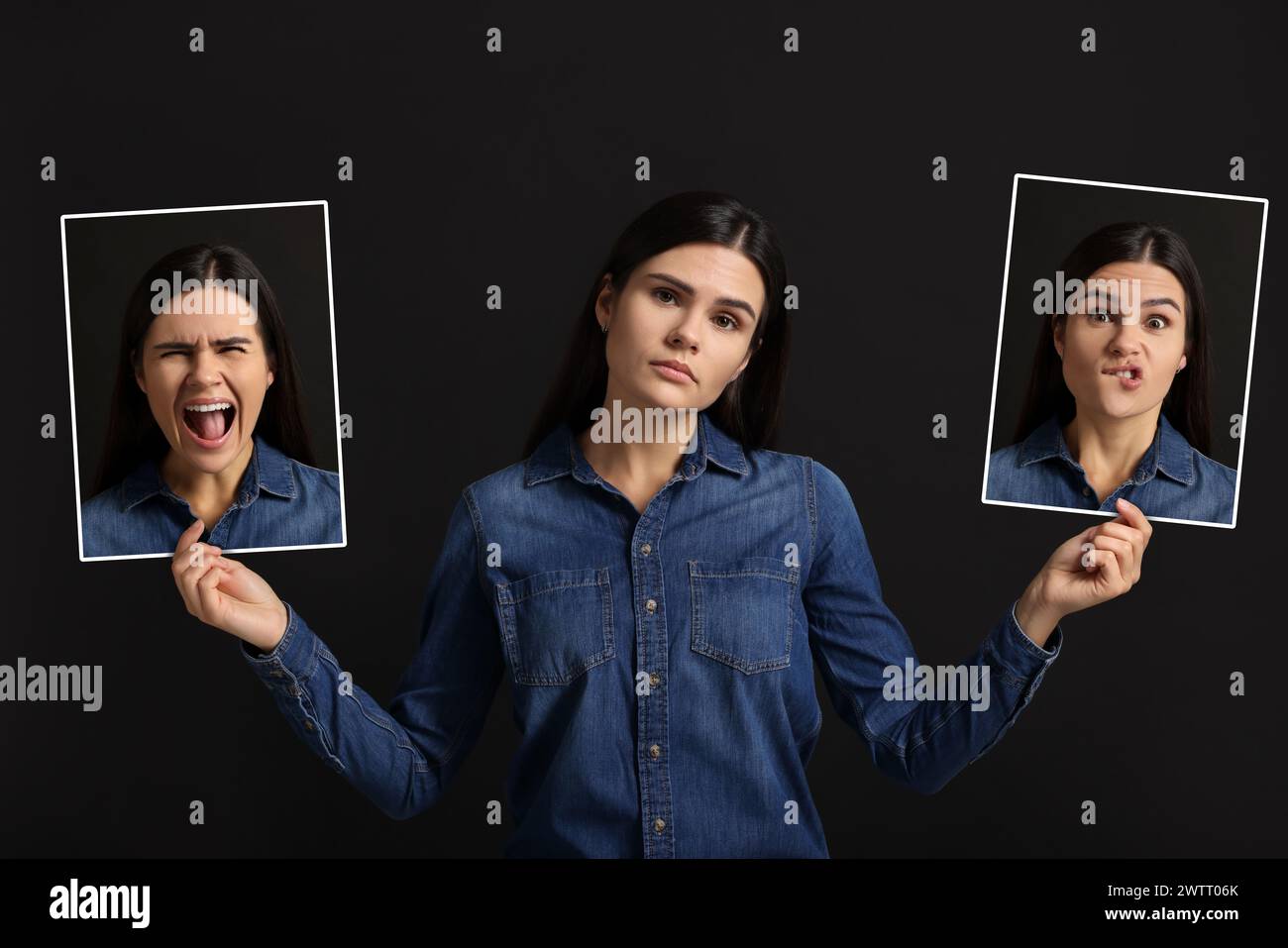 Woman holding her photo portraits showing different emotions on black ...