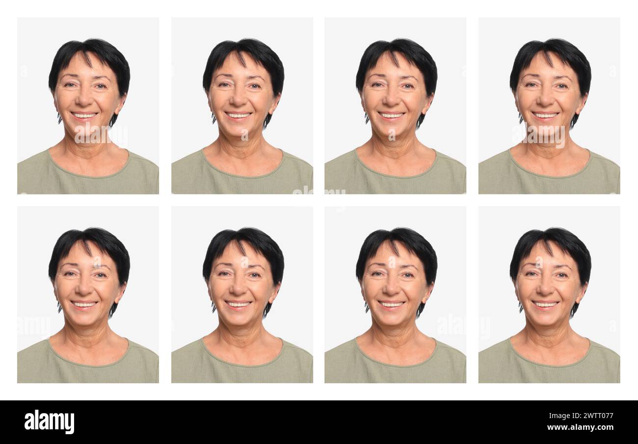 Passport photo, collage. Woman on white background, set of photos Stock ...