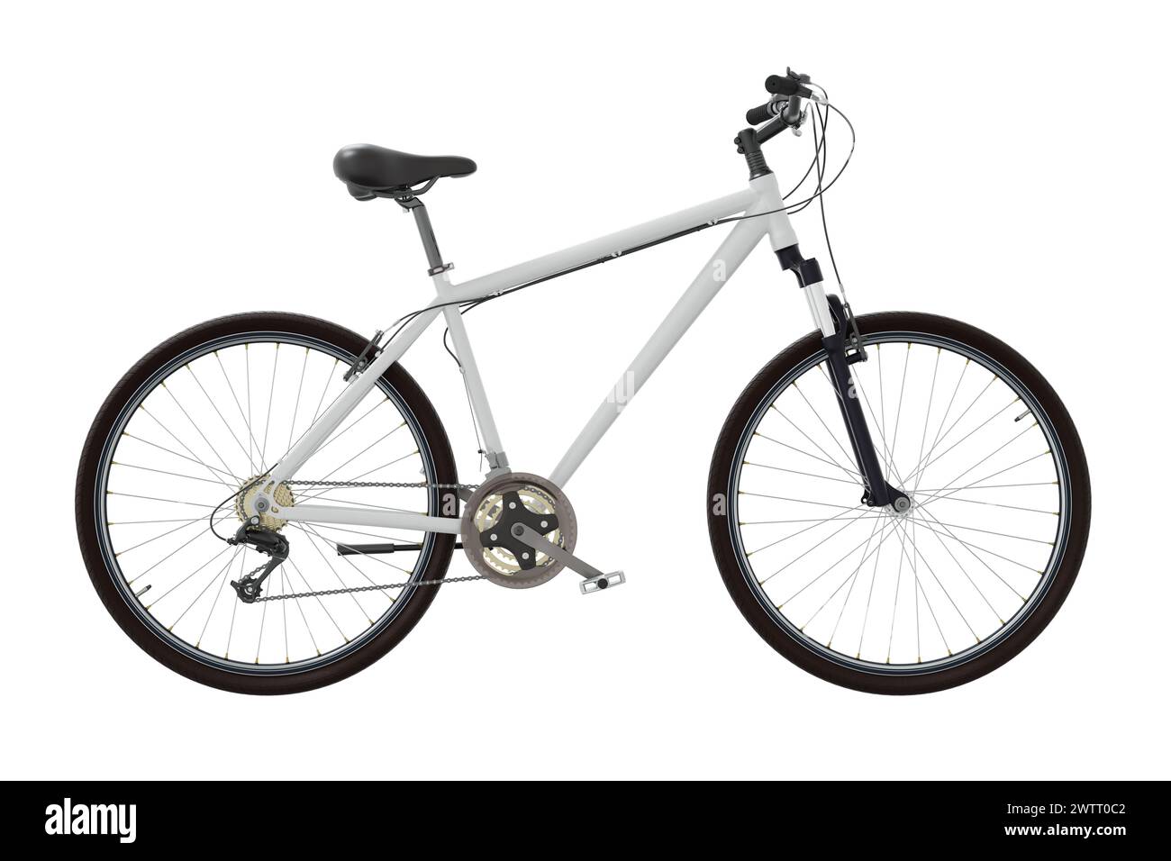 White retro bicycle, side view. Brown leather saddle and handles ...