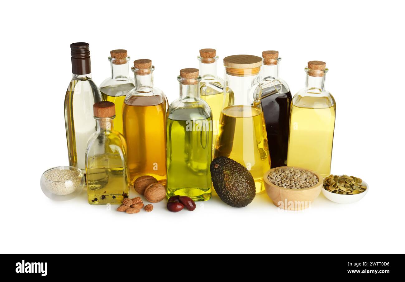 Vegetable fats. Different cooking oils and ingredients isolated on ...