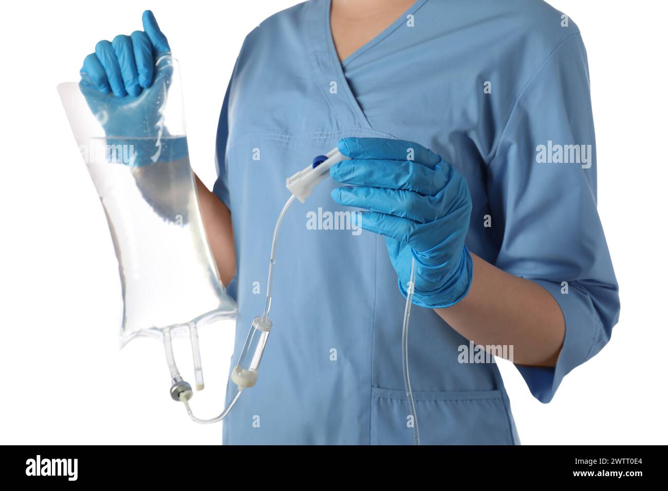Nurse with IV infusion set on white background, closeup Stock Photo - Alamy
