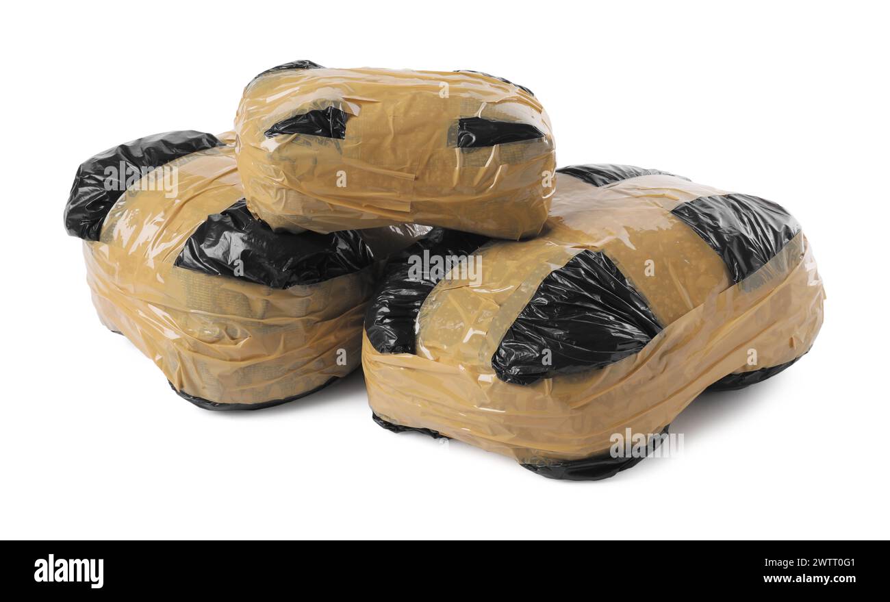 Packages with narcotics isolated on white. Drug addiction Stock Photo ...