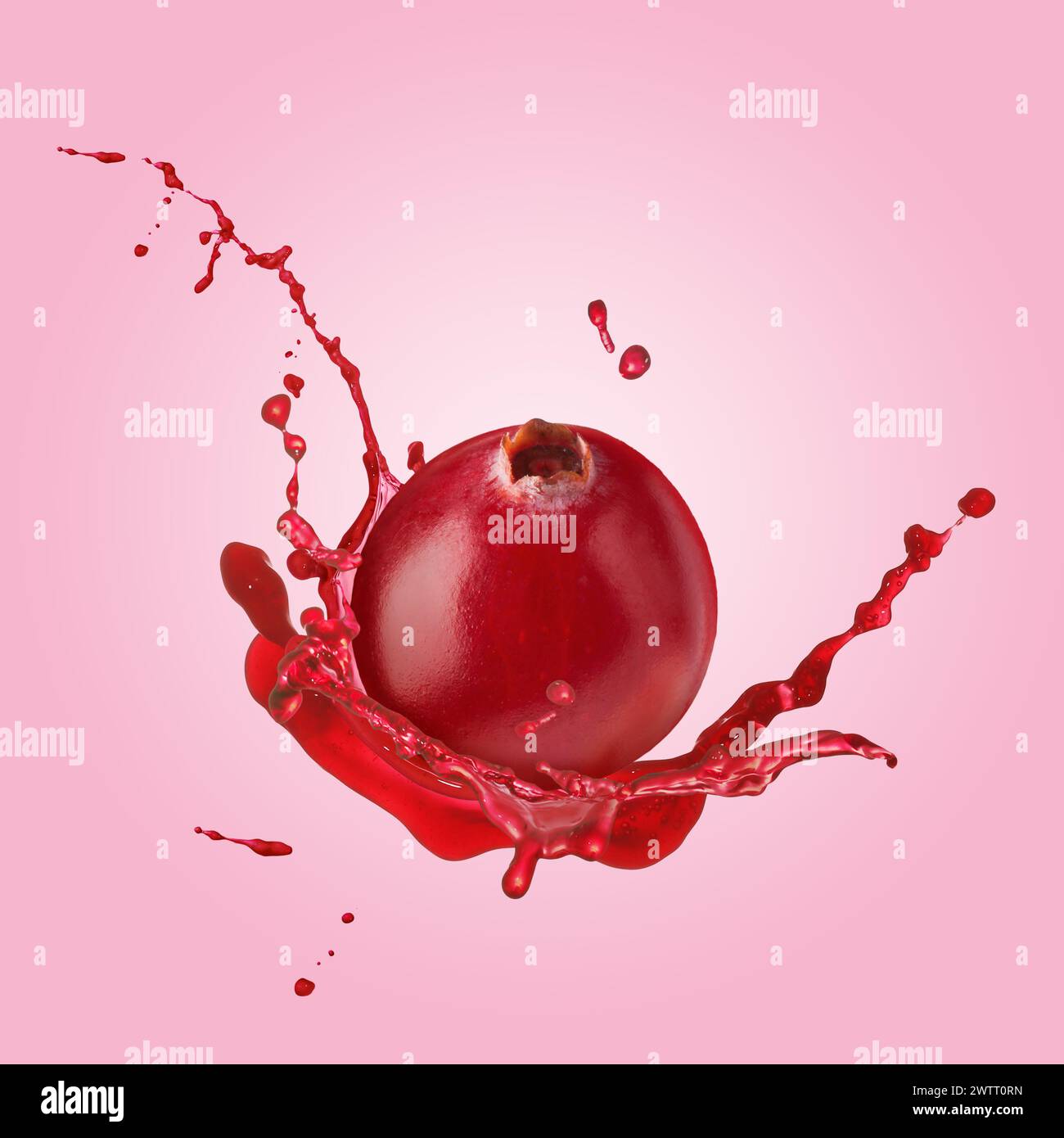 Delicious ripe cranberry and splashing juice in air on pink background ...