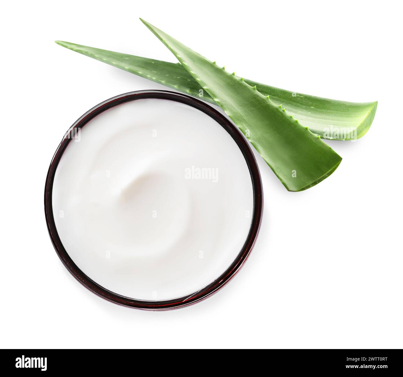Moisturizing cream with extract of aloe vera. Jar and green aloe leaves ...