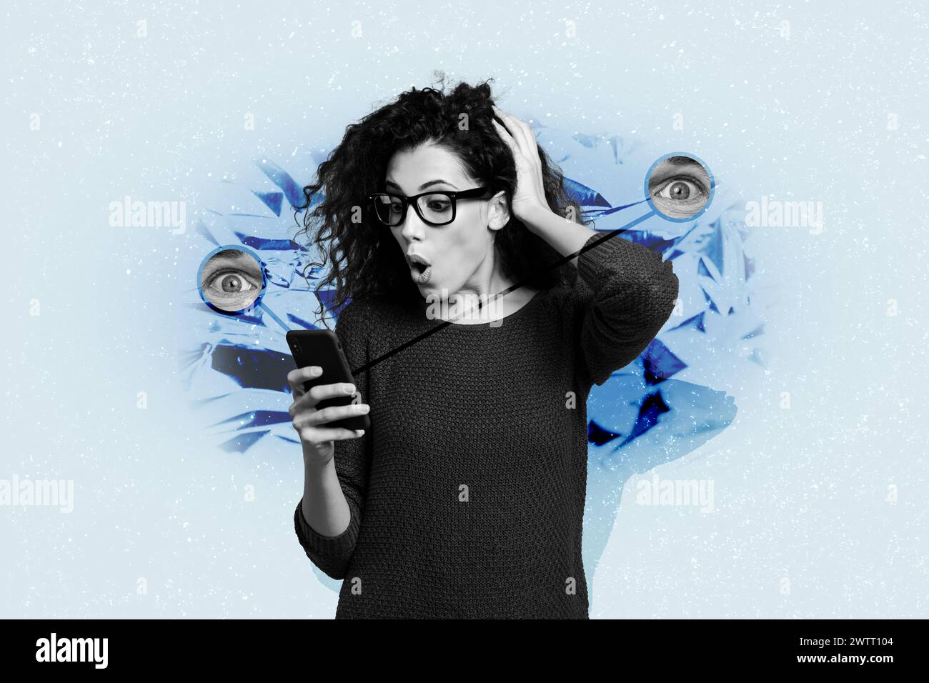 Creative collage picture young woman shocked amazed reaction hold ...