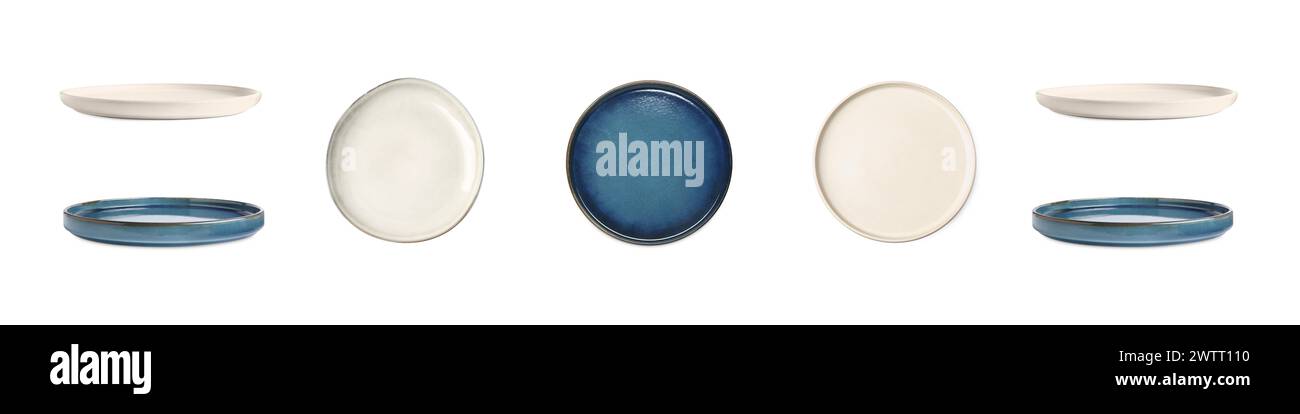 Clean ceramic plates isolated on white, top and side views Stock Photo ...