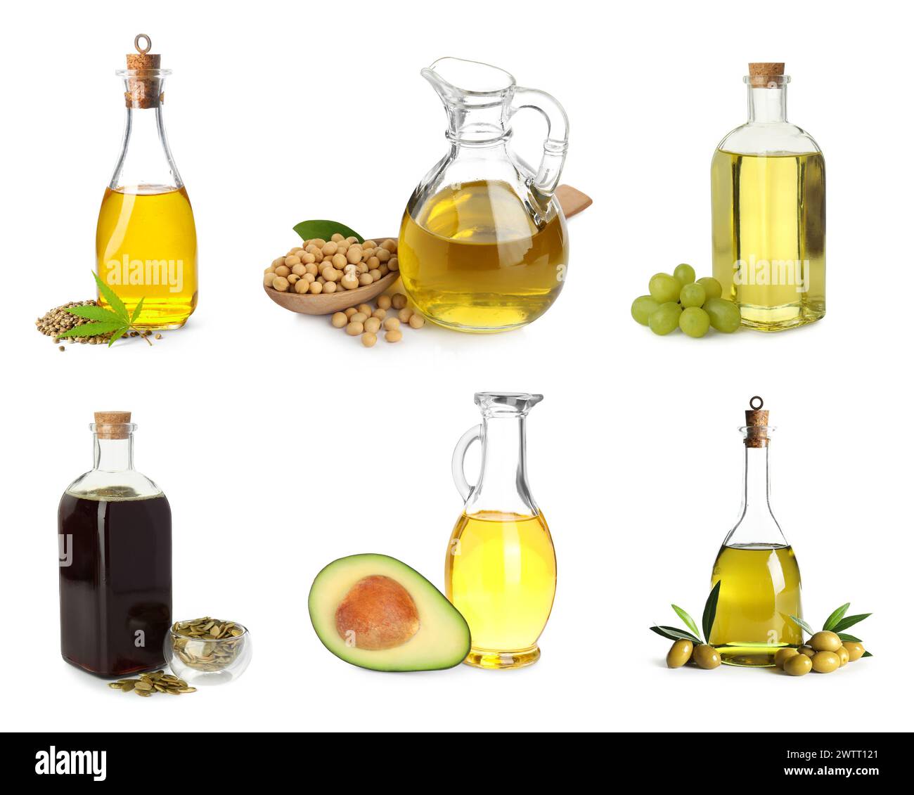 Vegetable fats. Different cooking oils and ingredients isolated on ...
