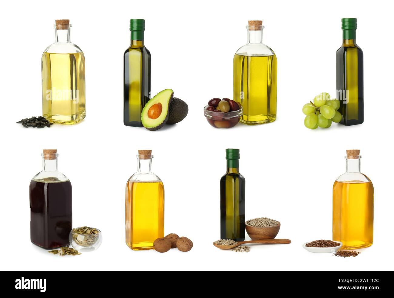 Vegetable fats. Different cooking oils and ingredients isolated on ...