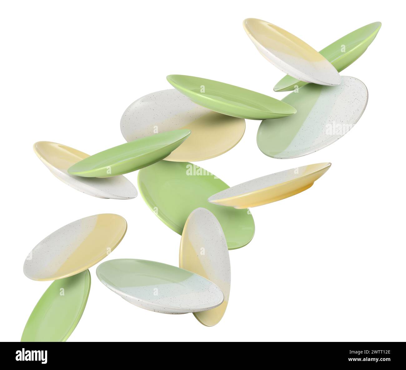 Clean ceramic plates falling on white background Stock Photo - Alamy