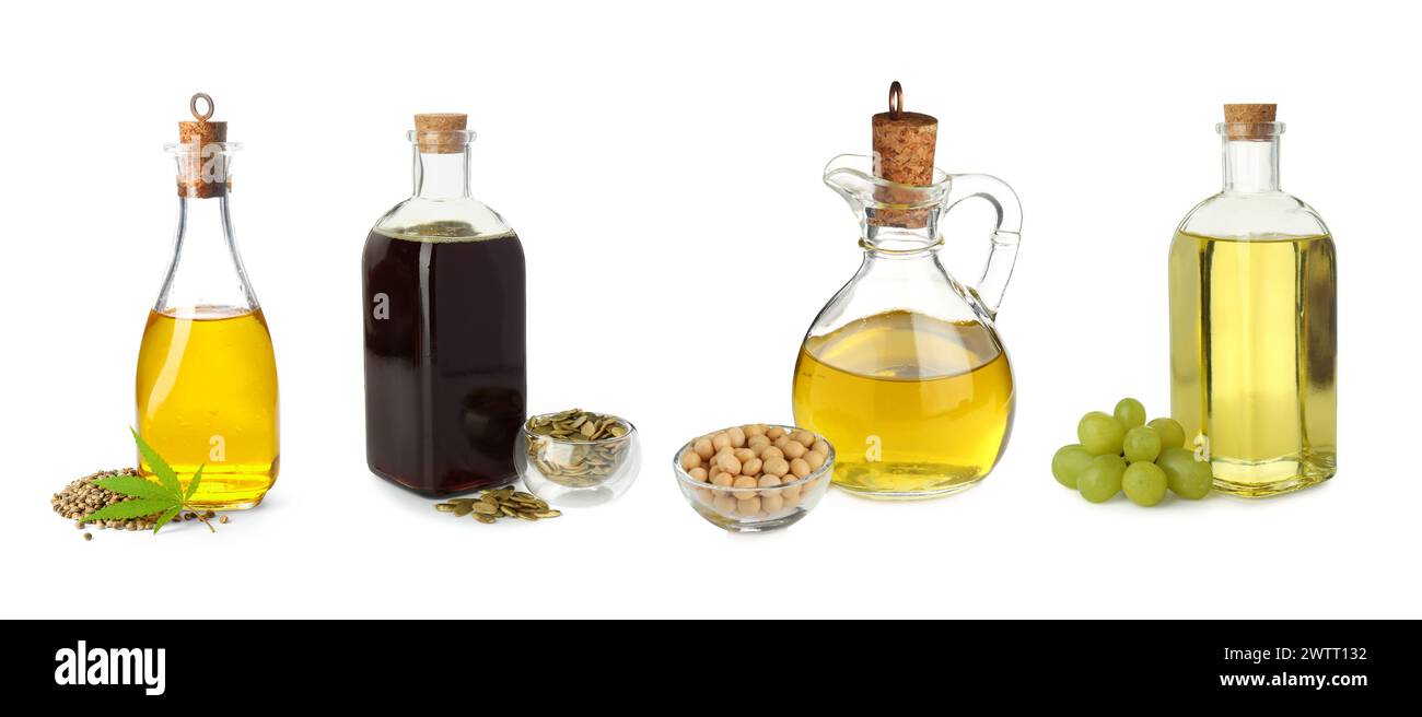 Vegetable fats. Different cooking oils and ingredients isolated on ...