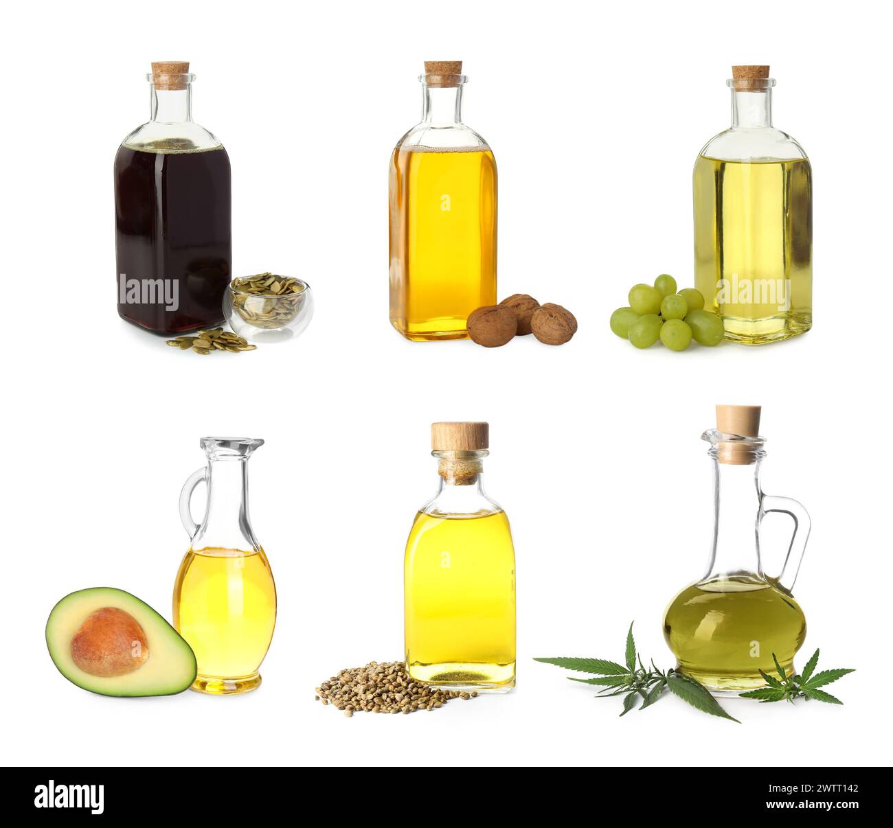 Vegetable fats. Different cooking oils and ingredients isolated on ...