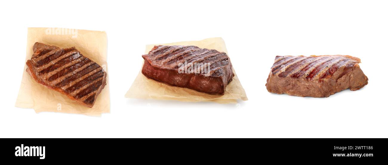 Delicious grilled beef steaks isolated on white, set Stock Photo - Alamy