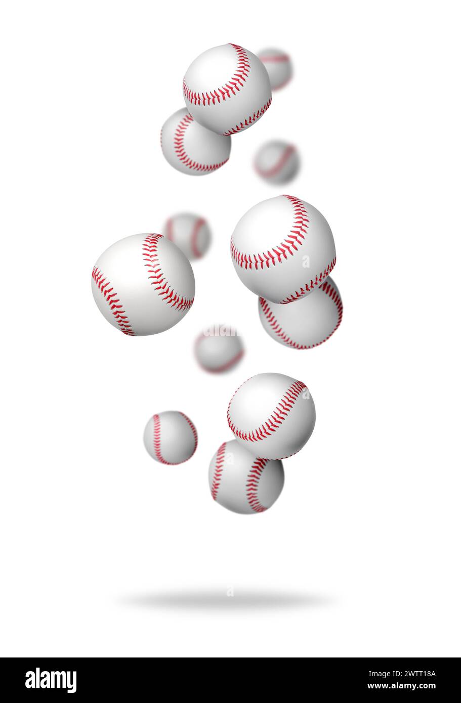 Many baseball balls falling on white background Stock Photo - Alamy
