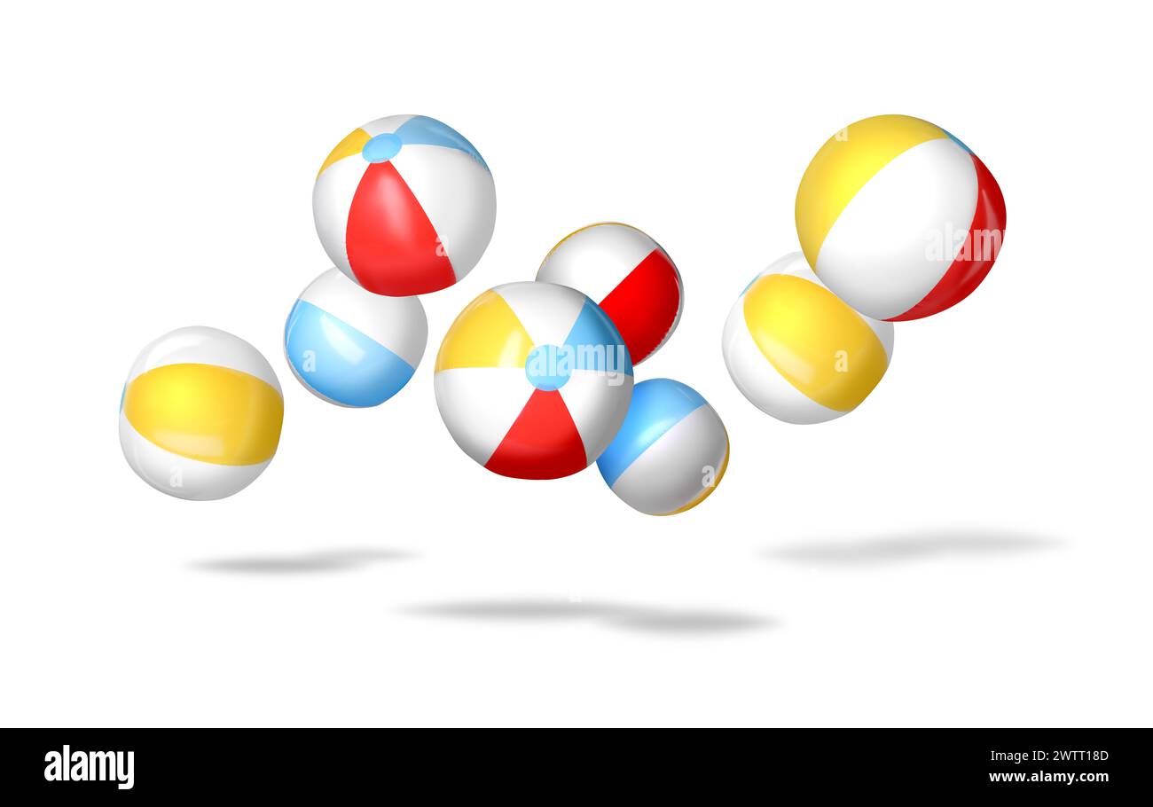 Colorful inflatable balls falling on white background Stock Photo - Alamy