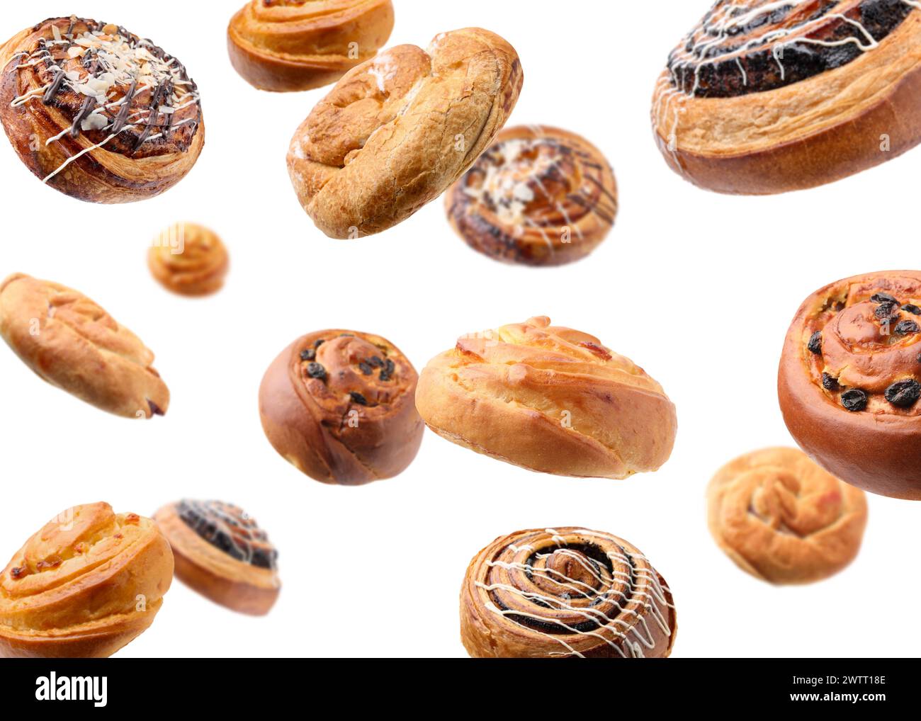 Sweet buns. Different delicious rolls falling on white background Stock ...